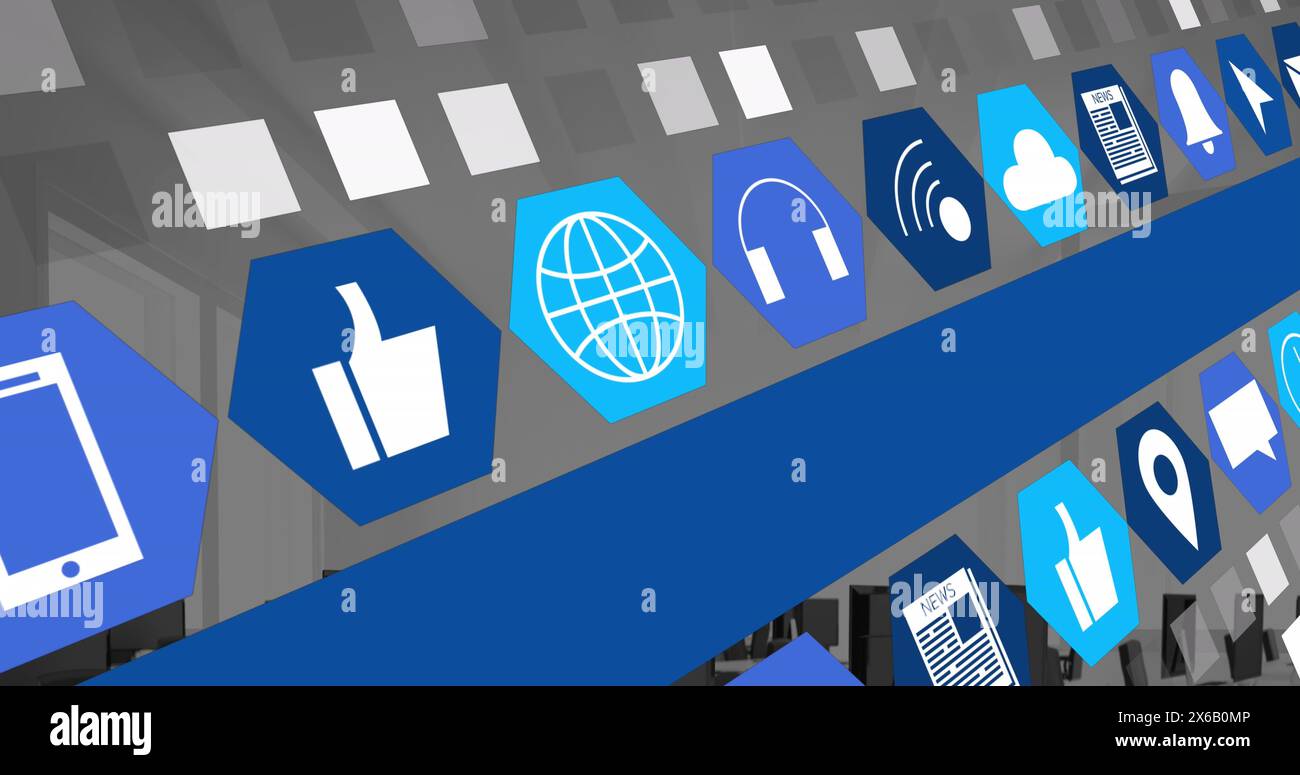 Image of social media icons over office desks with computers Stock ...