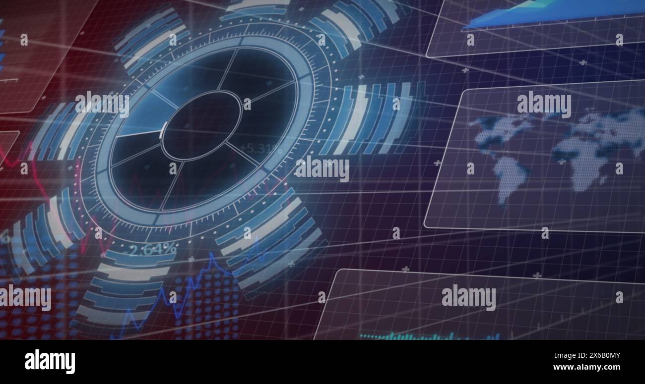Image of interface with round scanner and data processing against purple gradient background ...