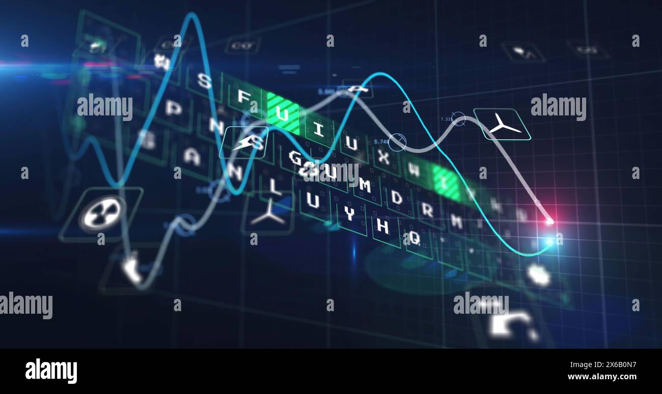 Image of digital icons over glowing graphs and data processing against ...