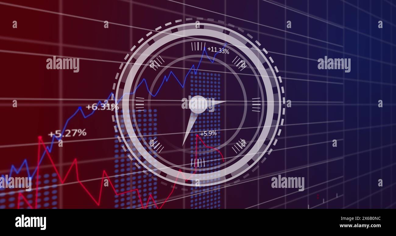 Image of ticking clock over statistical data processing against purple ...