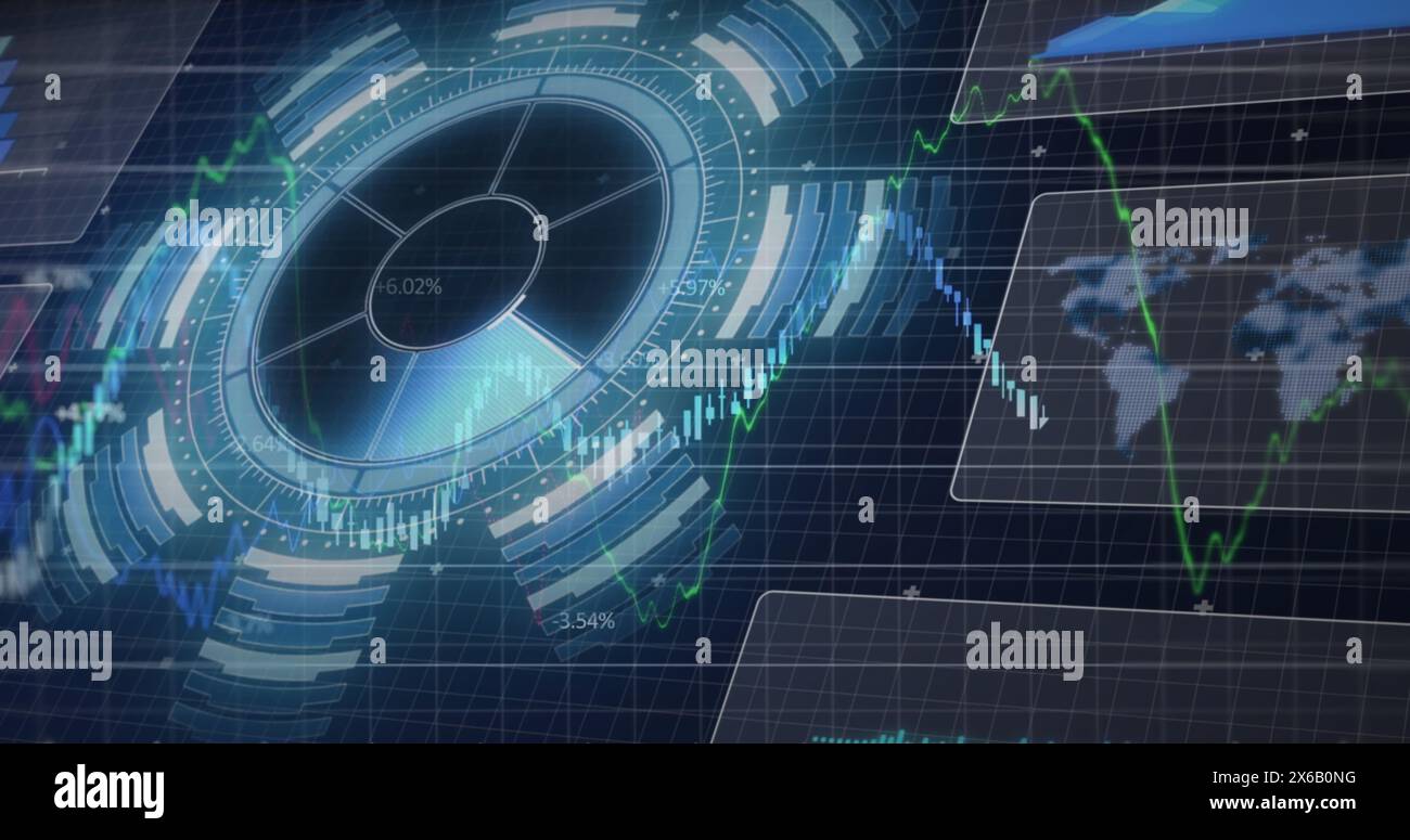 Image of interface with round scanner and financial data processing ...