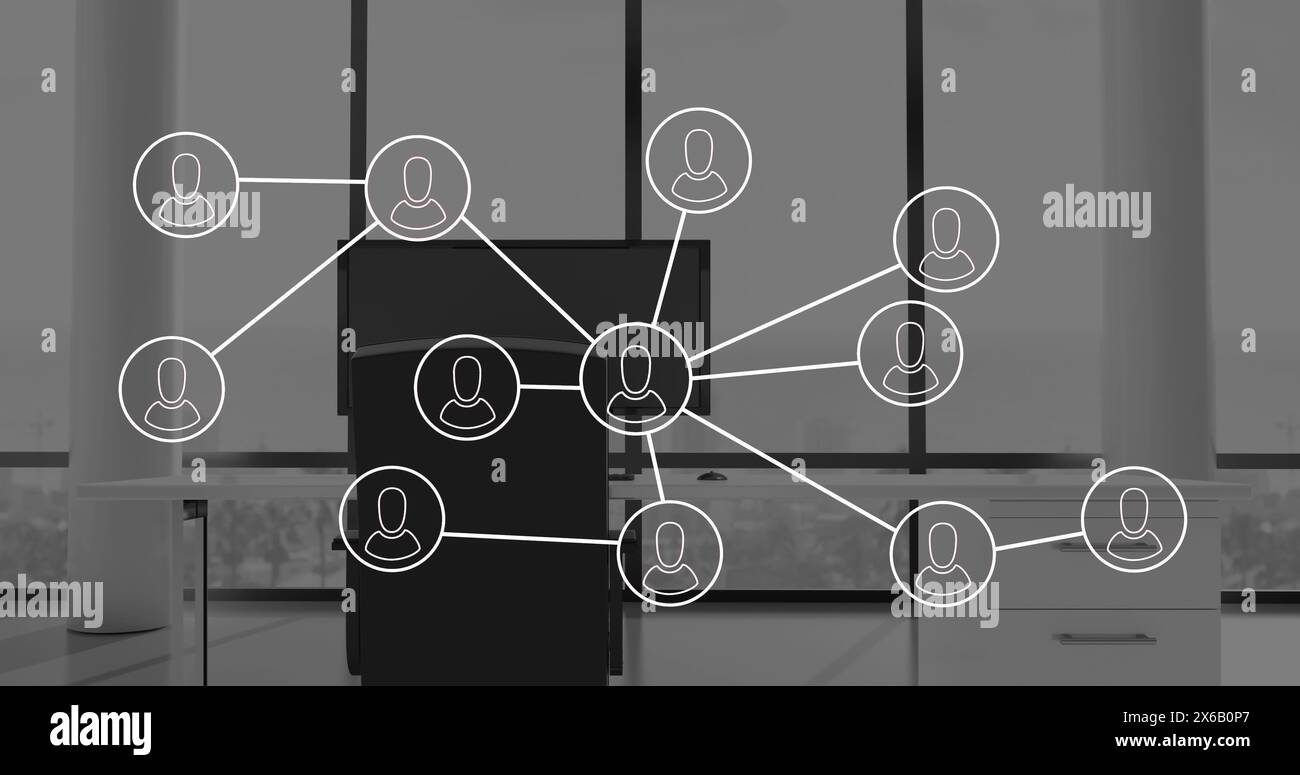 Image of network of connections with icons over office desk with ...