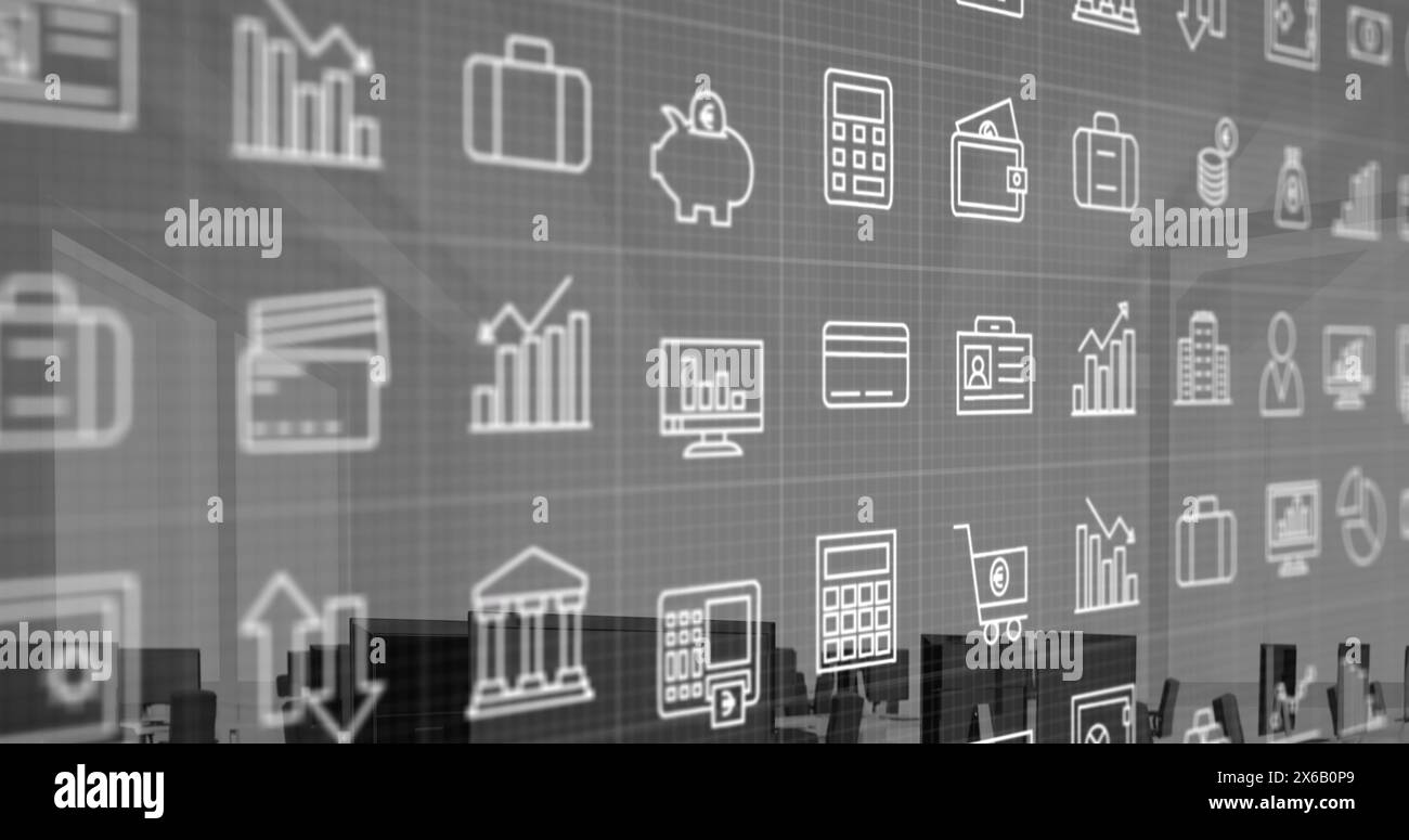 Image Of Multiple Digital Icons Over Grid Network Against Empty Office 2450