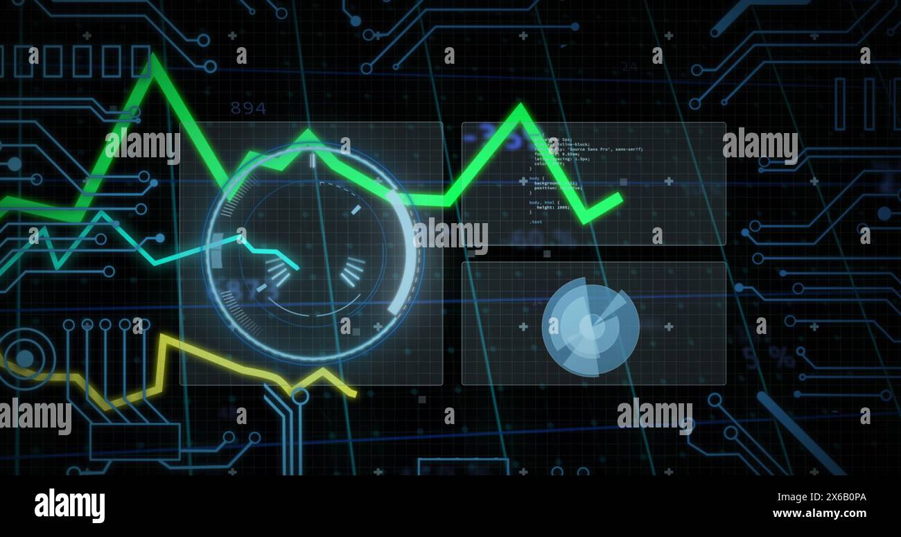 Image of interface with round scanner, data processing and microprocessor connections Stock ...