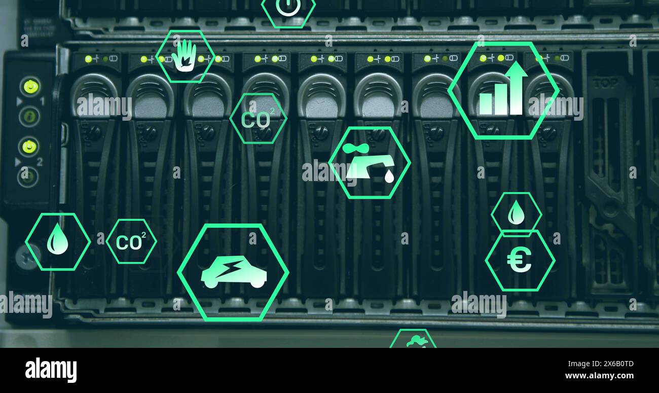 Image of falling icons over server room Stock Photo - Alamy