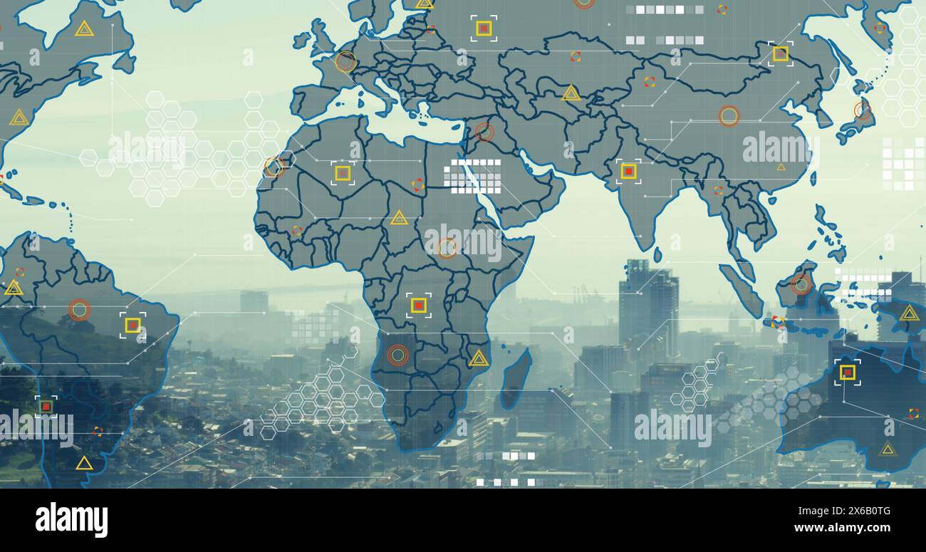 Image of world map and data processing over cityscape Stock Photo - Alamy