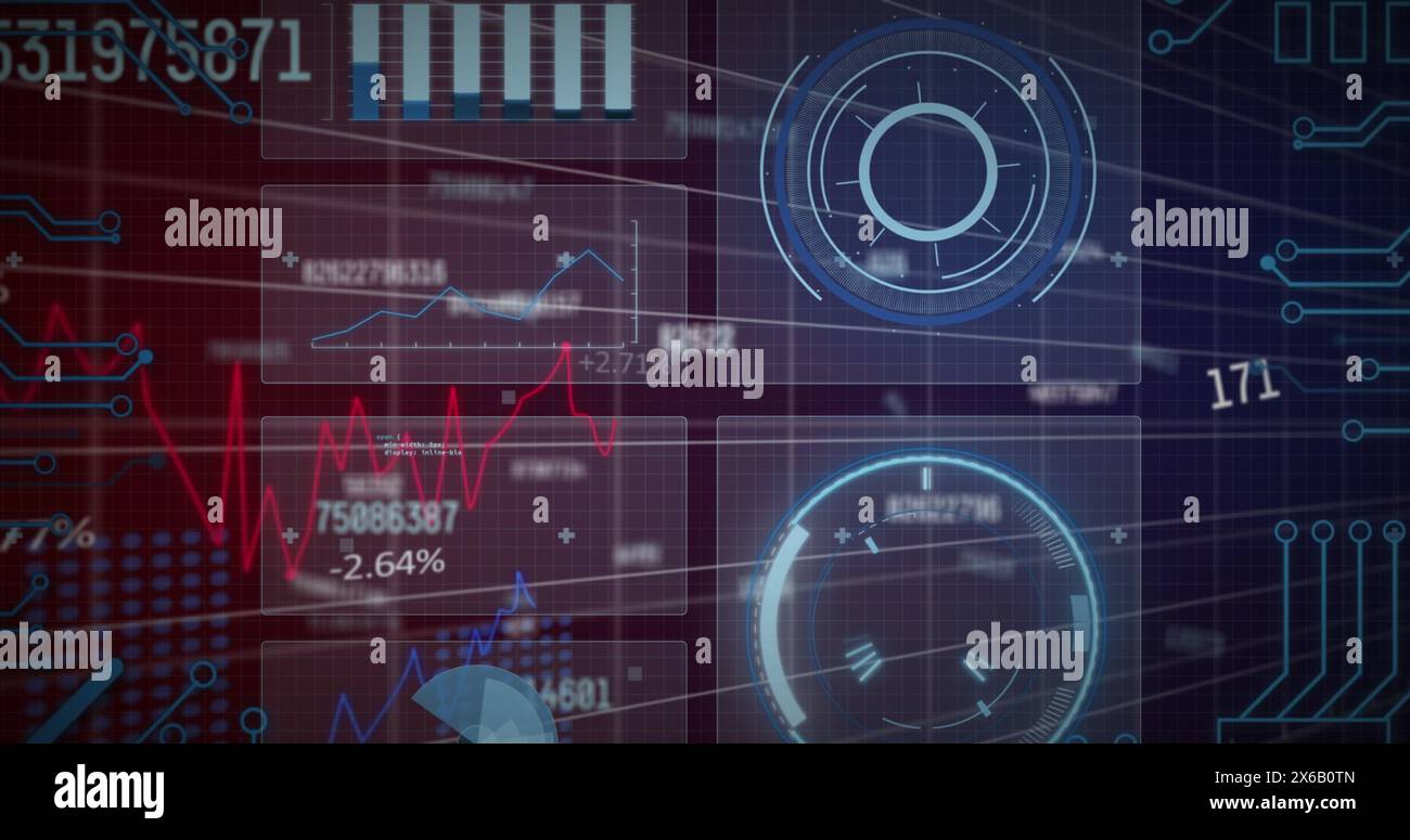 Image of interface with changing numbers, data processing and microprocessor connections Stock ...