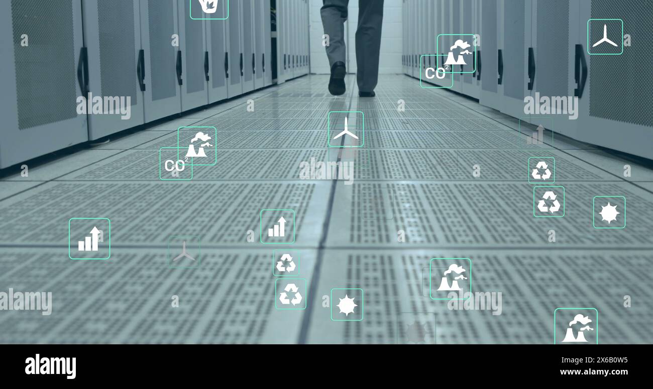 Image of falling icons over server room Stock Photo - Alamy