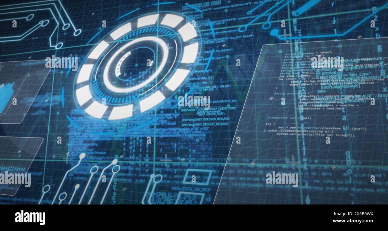 Image of interface with round scanner, data processing and microprocessor connections Stock ...
