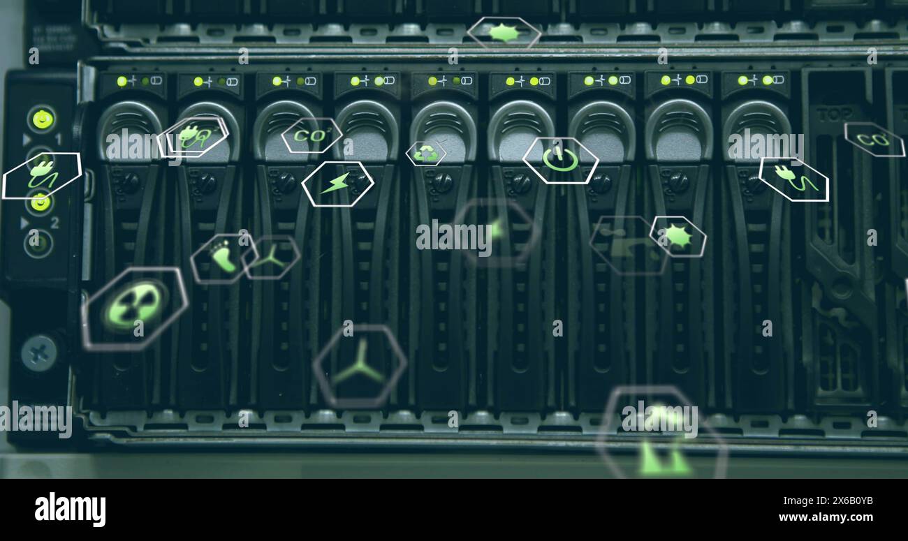 Image of falling icons over server room Stock Photo - Alamy