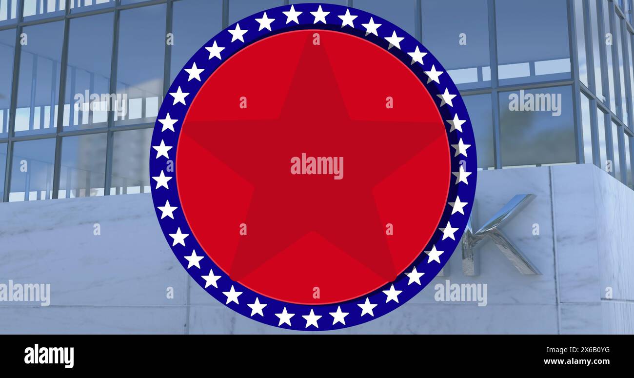 Image of red circle with stars over office buildings Stock Photo - Alamy