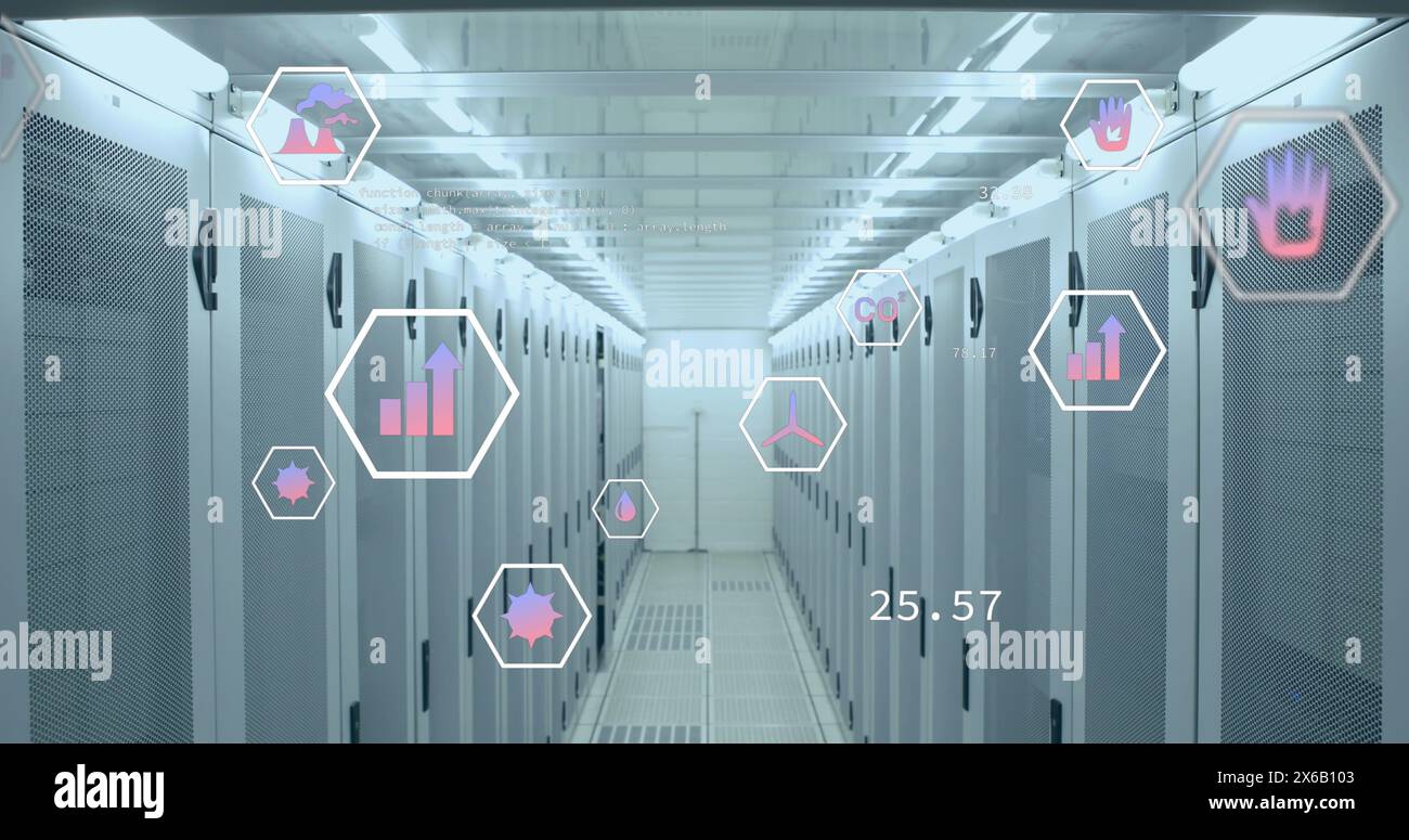 Image of falling icons over server room Stock Photo - Alamy