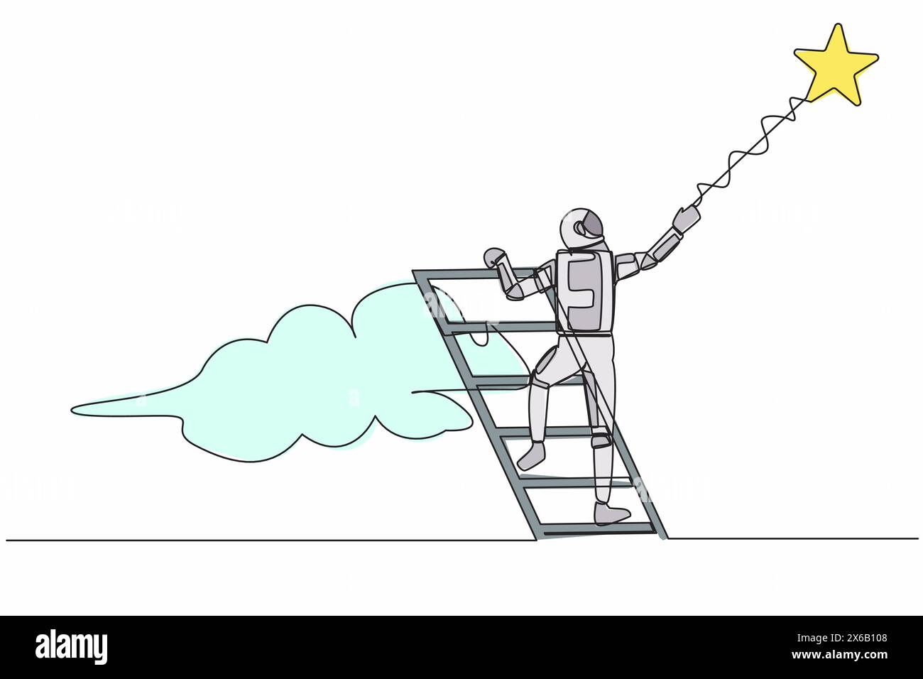 Continuous one line drawing of young astronaut climbing ladder and ...