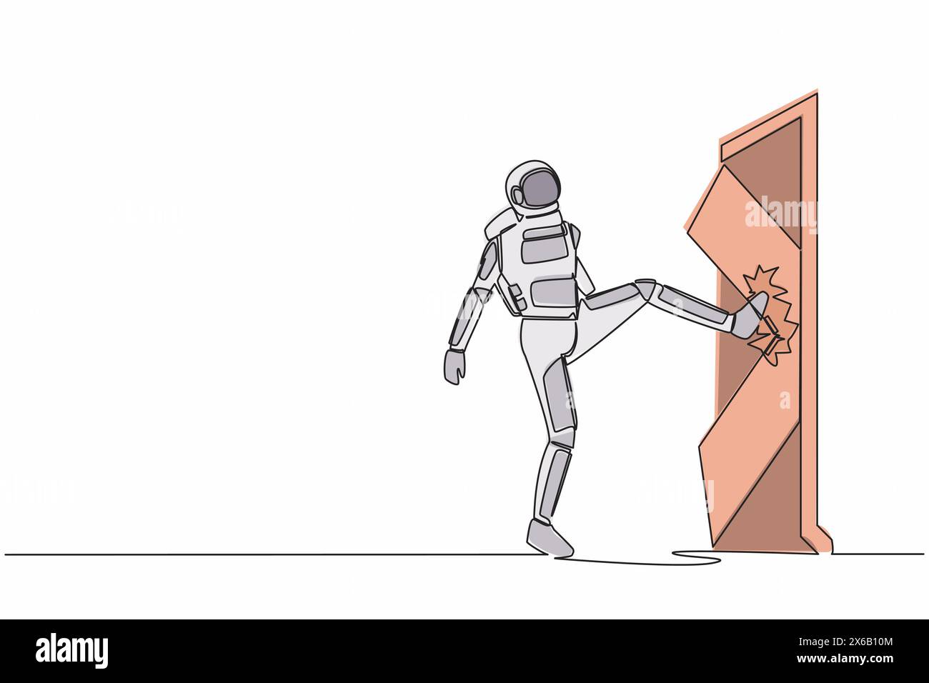 Single one line drawing young astronaut kicks door until door shattered ...