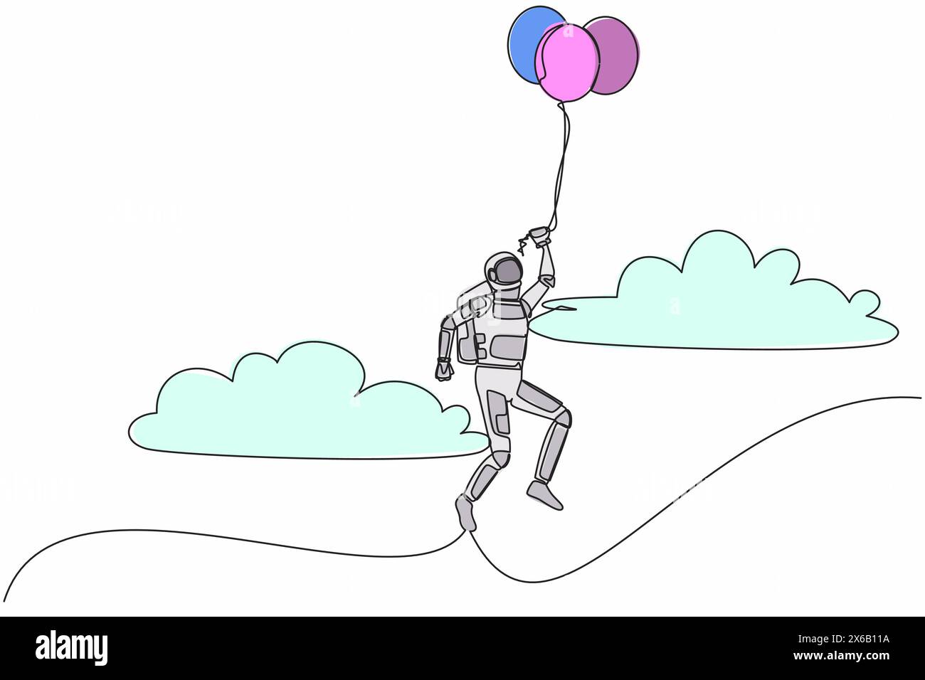 Continuous one line drawing astronaut flying with balloon air. Achieve ...