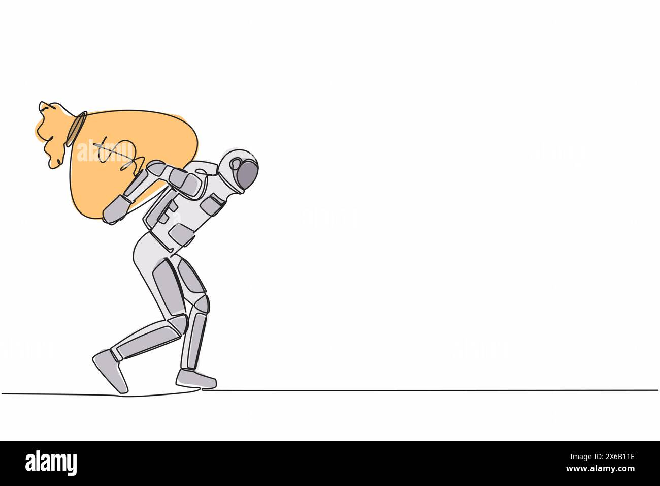 Single continuous line drawing young astronaut carrying heavy money bag ...