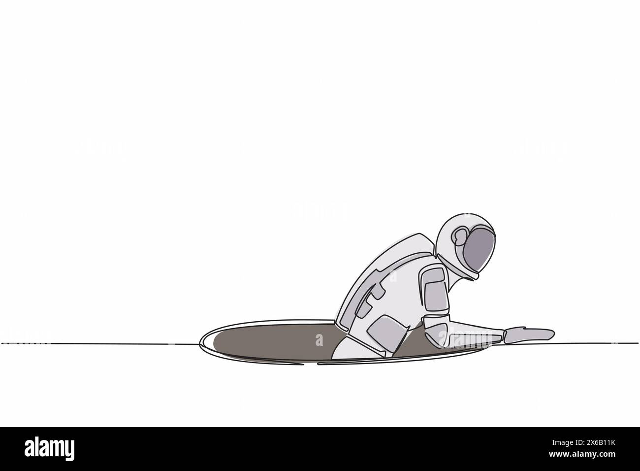 Single continuous line drawing astronaut trying to get out of from hole ...