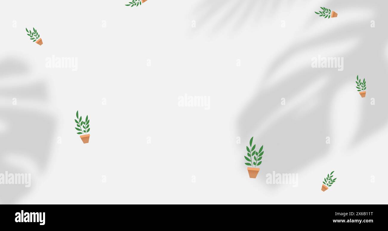 Image of falling green pot plants over shadows on white background ...