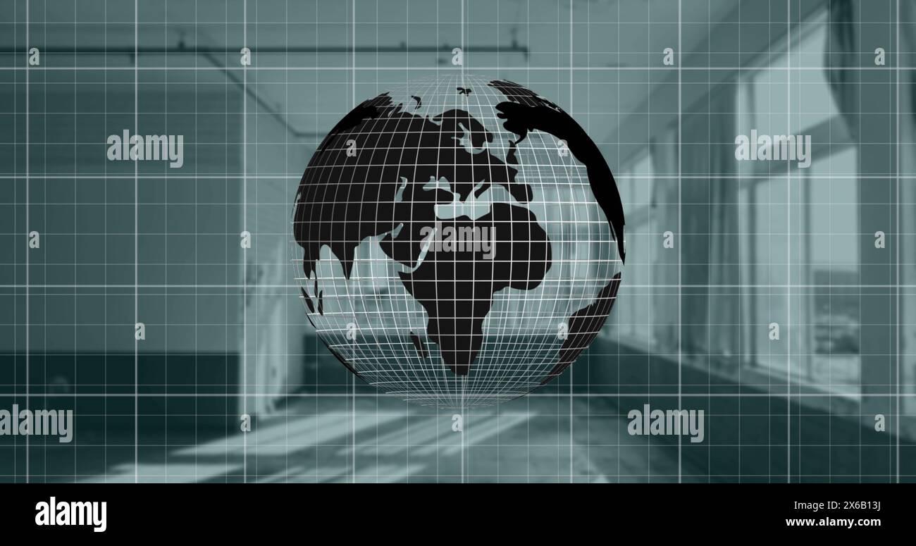 Image of red line graphs moving on globe with grids against building ...