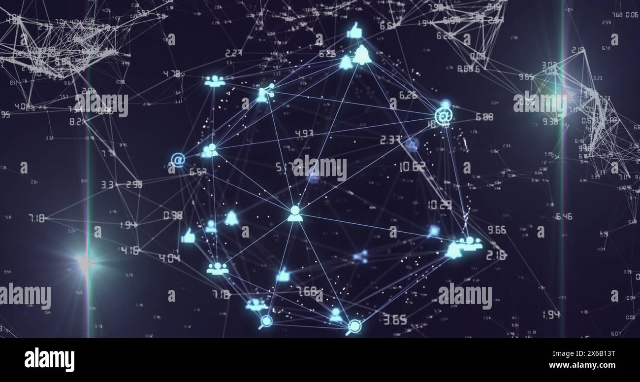Image of digital computer icons and numbers interconnecting with lines forming globe Stock Photo ...