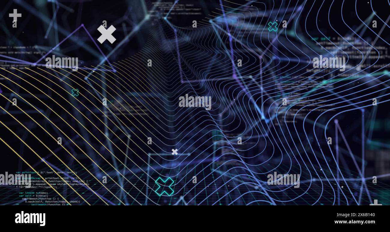 Image Of Digital Dots Interconnecting With Lines And Programming Data With Wave Patterns Stock