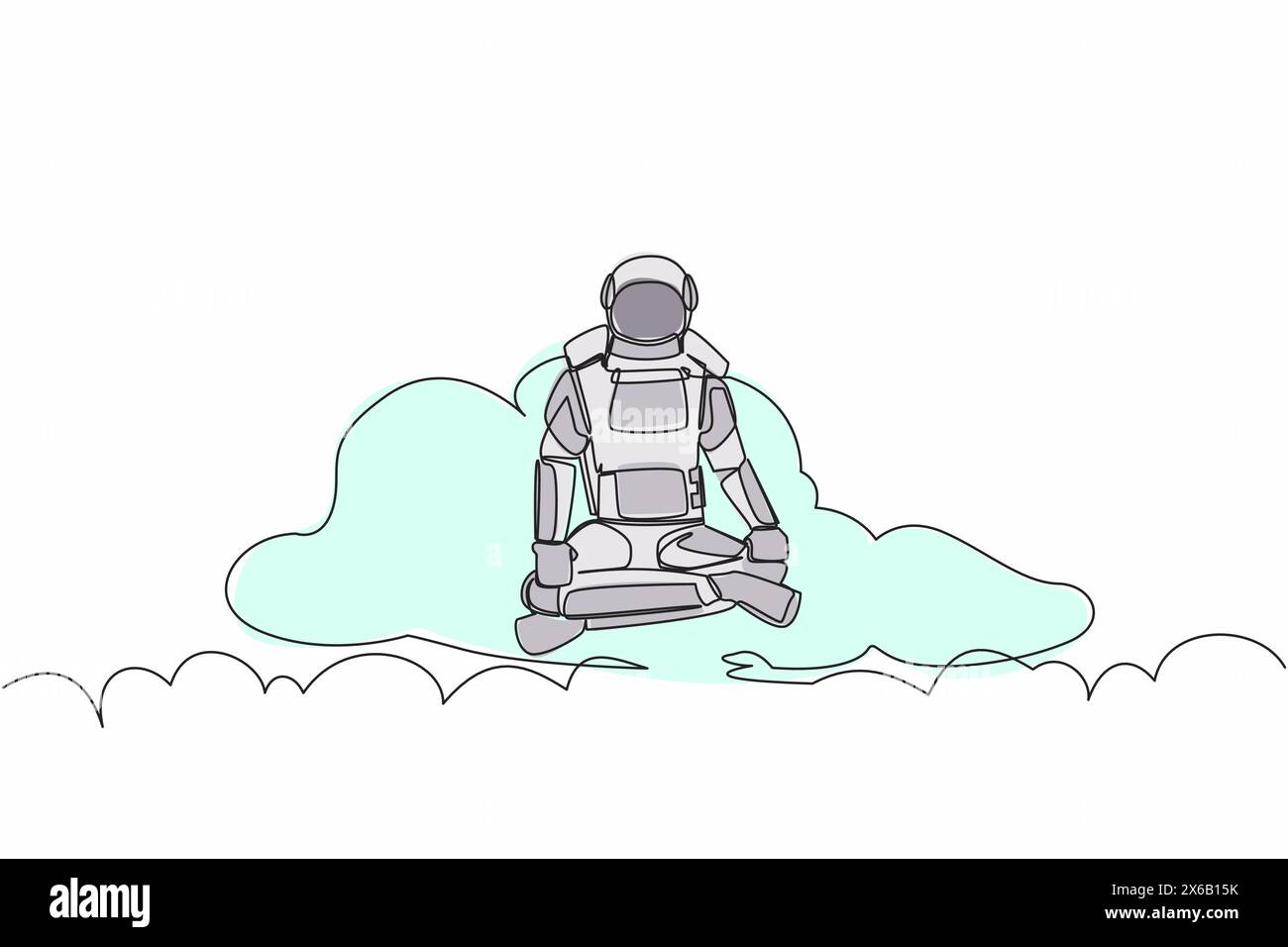Single continuous line drawing young astronaut meditates and resting in ...