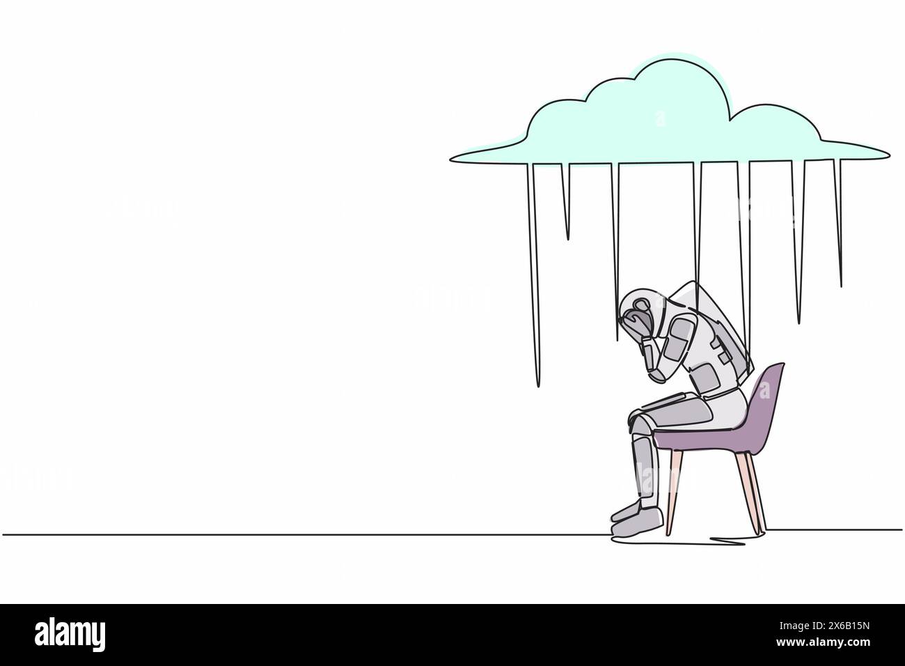 Single continuous line drawing sad astronaut sitting on chair under ... Single continuous line drawing sad astronaut sitting on chair under ...