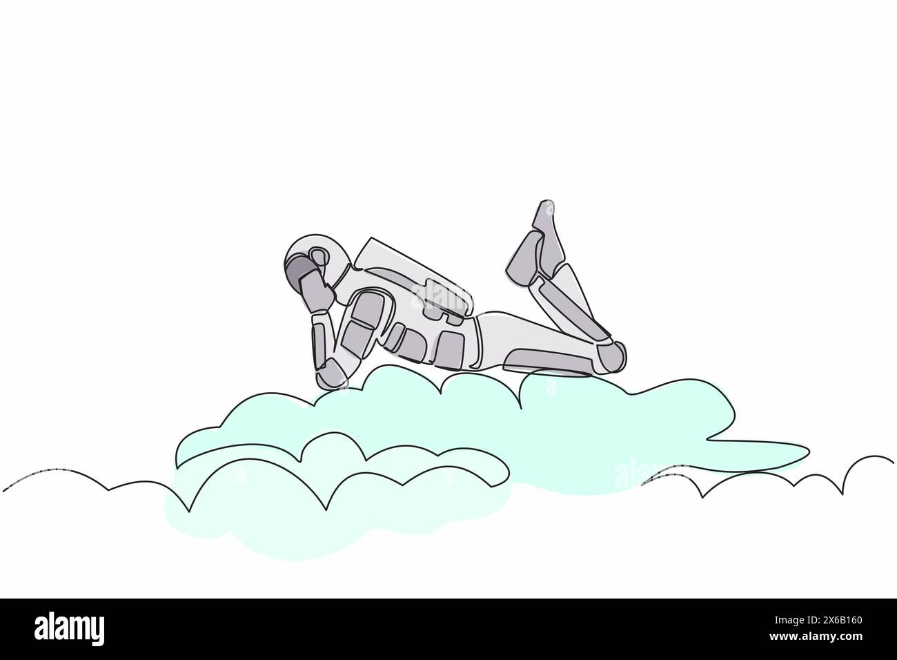 Single one line drawing young astronaut lay on clouds. Relaxes and ...