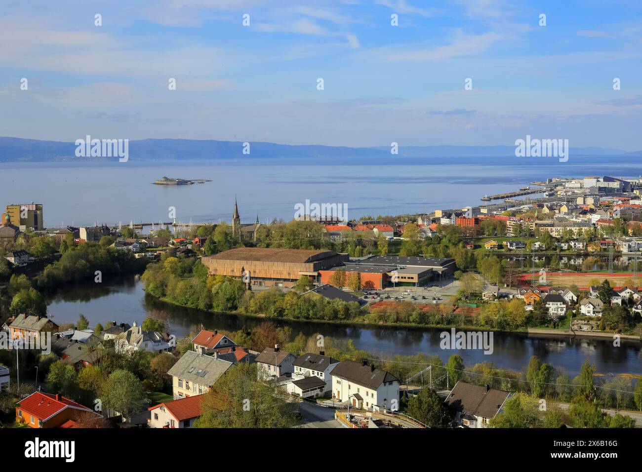 Spring in Trondheim, aerial view of the Trondheim fjord, river Nidelva ...