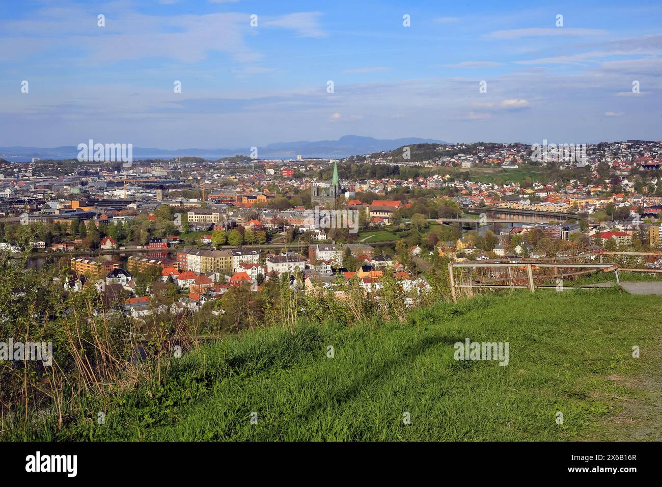 Spring in Trondheim, aerial view of the historical downtown and the ...