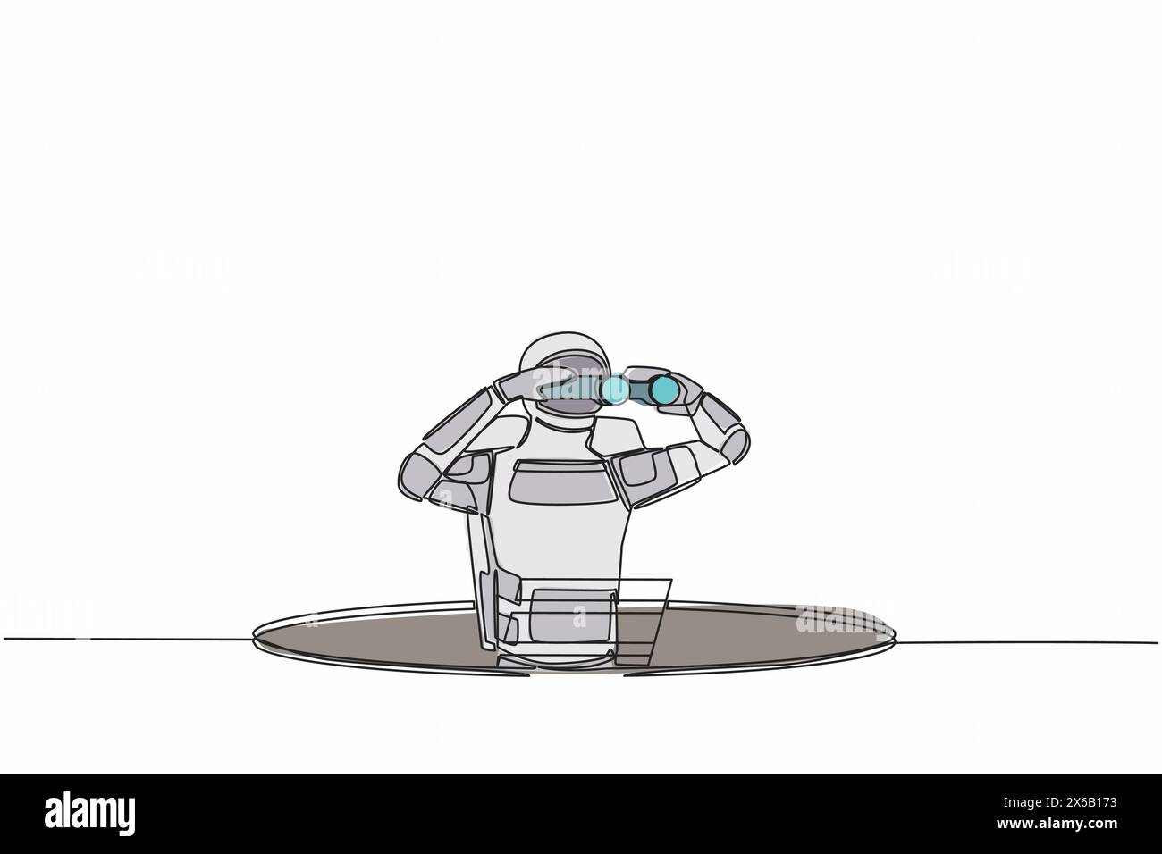 Continuous one line drawing astronaut climb out of the hole by ladder ...