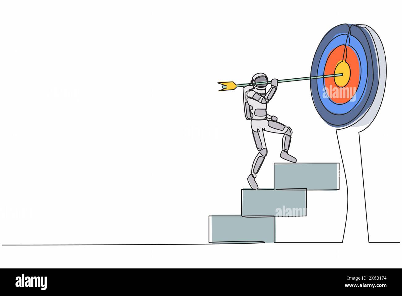 Single one line drawing young astronaut with stuck arrow on stairs ...