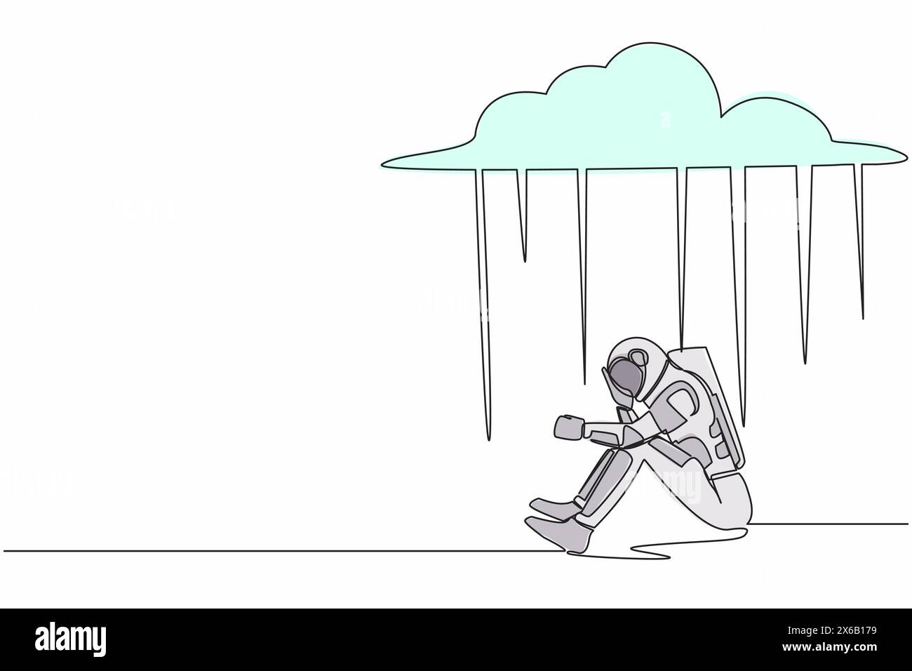 Single one line drawing unhappy astronaut feeling stress and sad ...