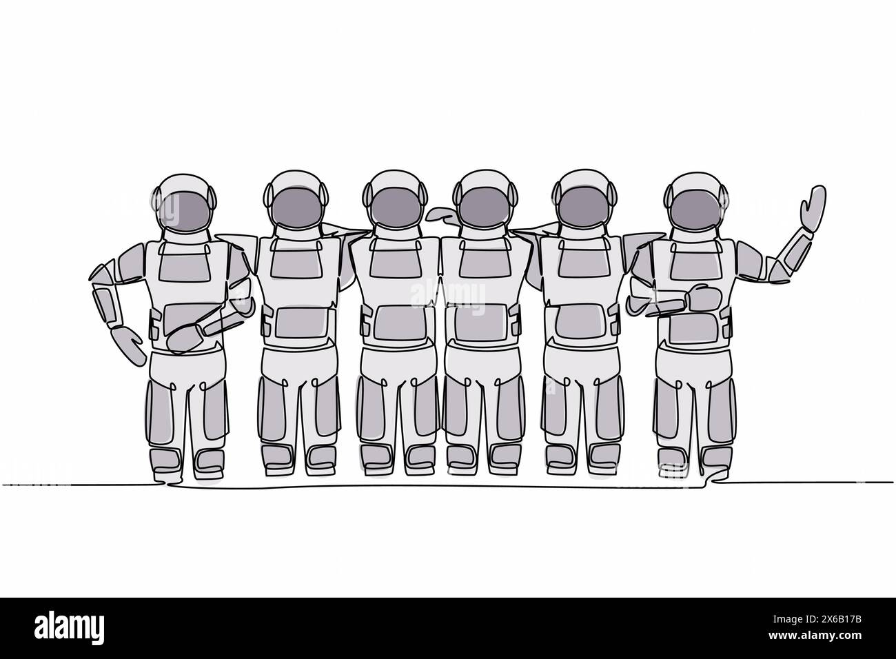 Single one line drawing group of astronaut are hugging. Happy ...