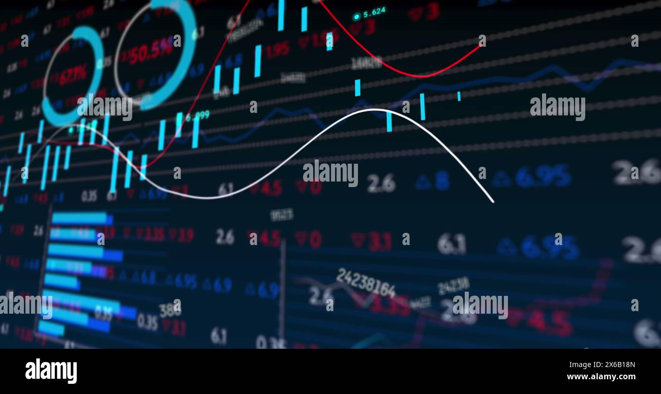 Multiple numbers increasing and falling against a black background ...