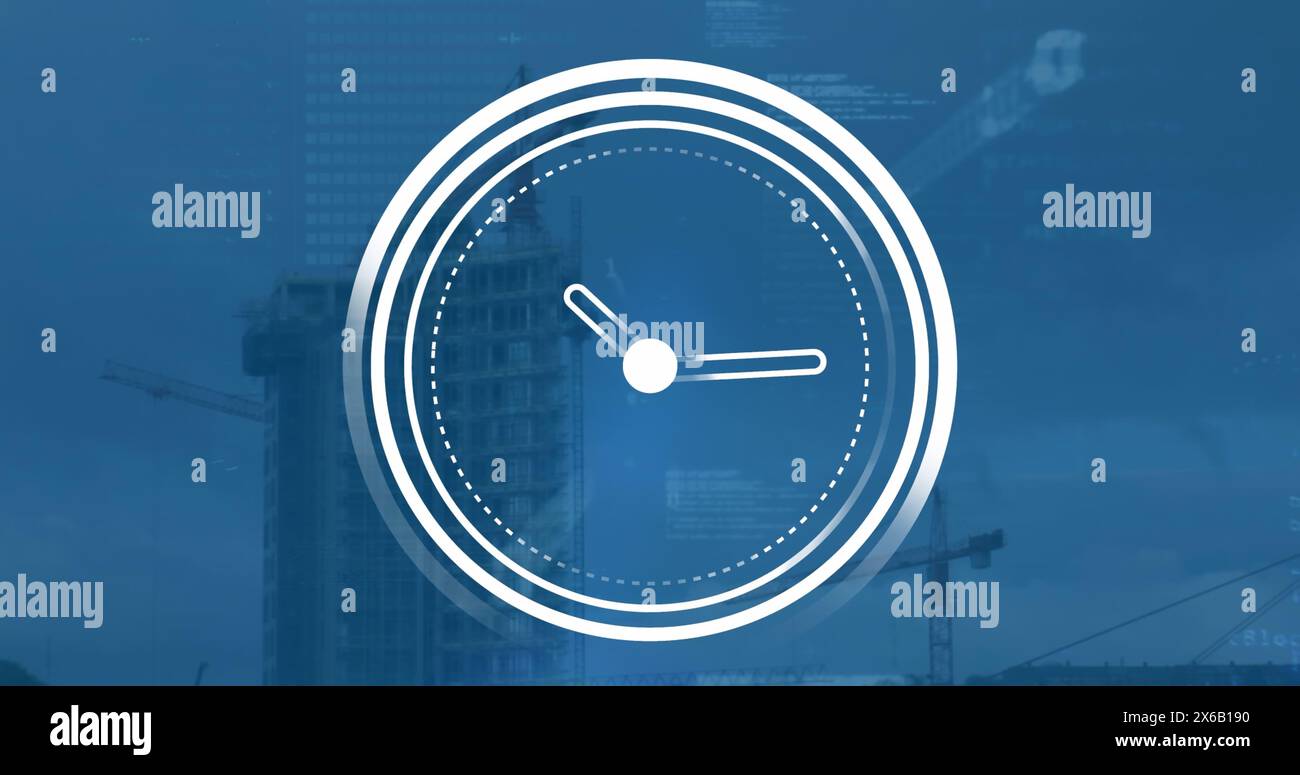 Image of ticking clock icon and data processing against aerial view of ... Image of ticking clock icon and data processing against aerial view of ...