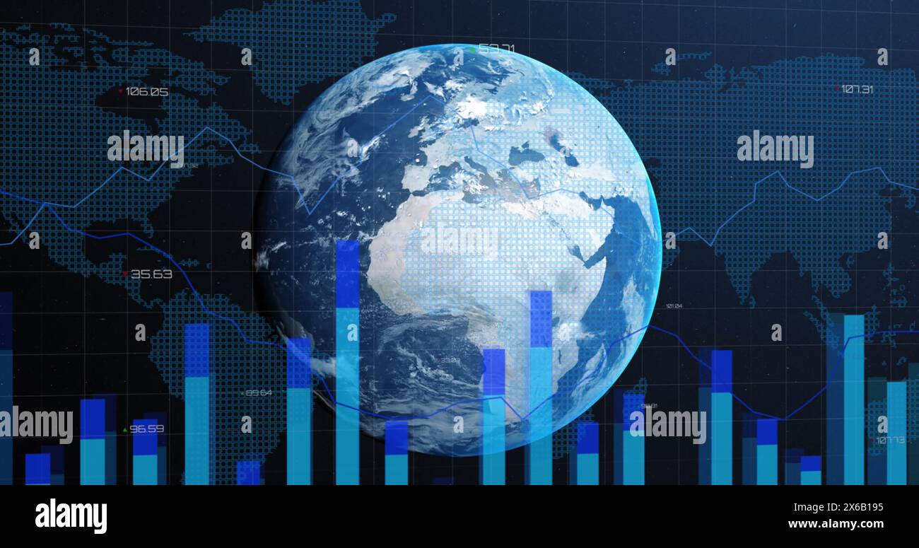 Image of statistical data processing over globe against world map on blue background Stock Photo ...