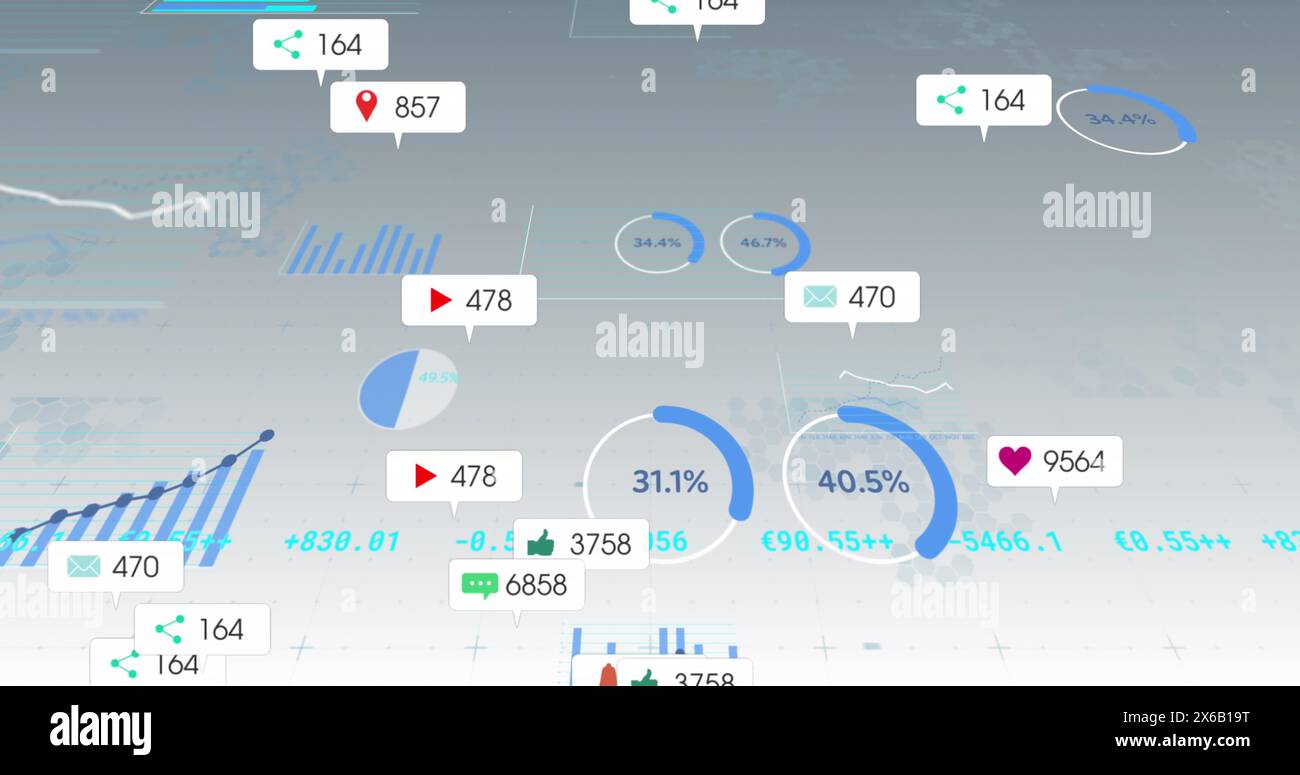Image of social media icons floating over statistical data processing against grey background ...