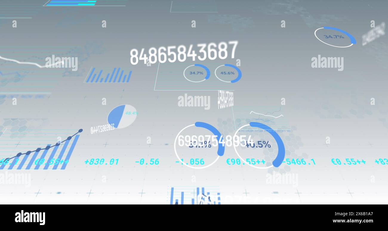 Image of multiple changing numbers and statistical data processing against grey background Stock ...
