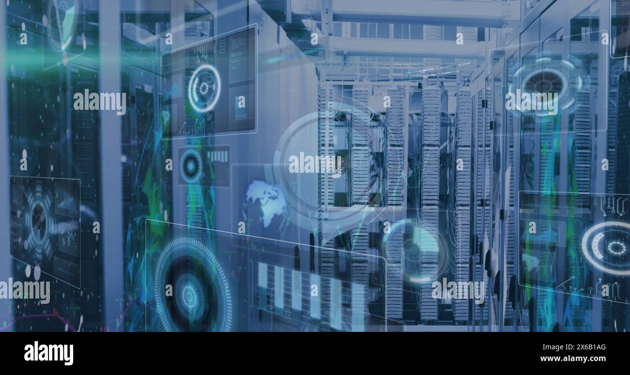 Image of digital clock, globes, radar and computer language over server ...