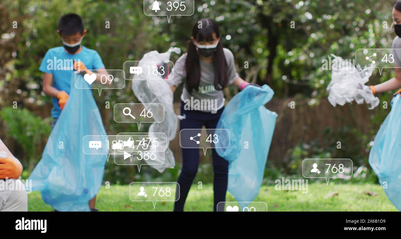 Image of social media icons and numbers over asian family cleaning ...