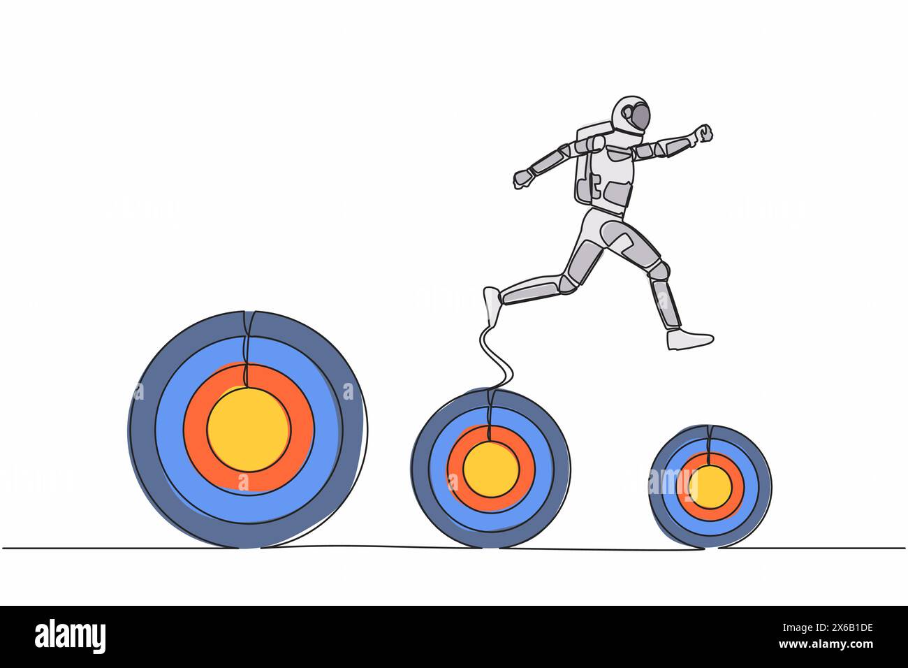 Single one line drawing astronaut jumping up higher target goals ...