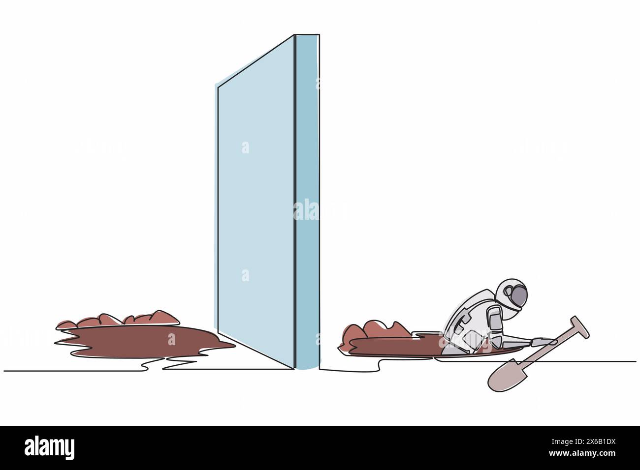 Single one line drawing young astronaut digging tunnel under wall or ...