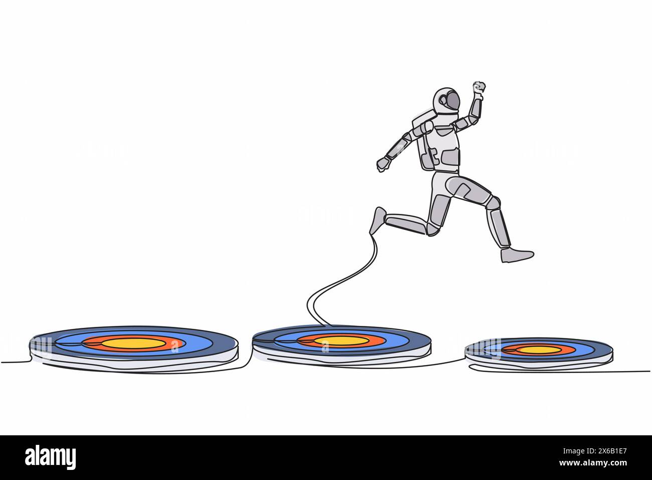 Single continuous line drawing astronaut jumping on bigger target in ...