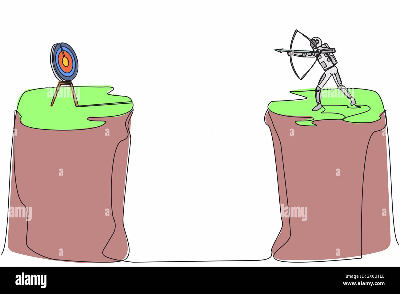 Continuous one line drawing astronaut standing on cliff with archer in ...