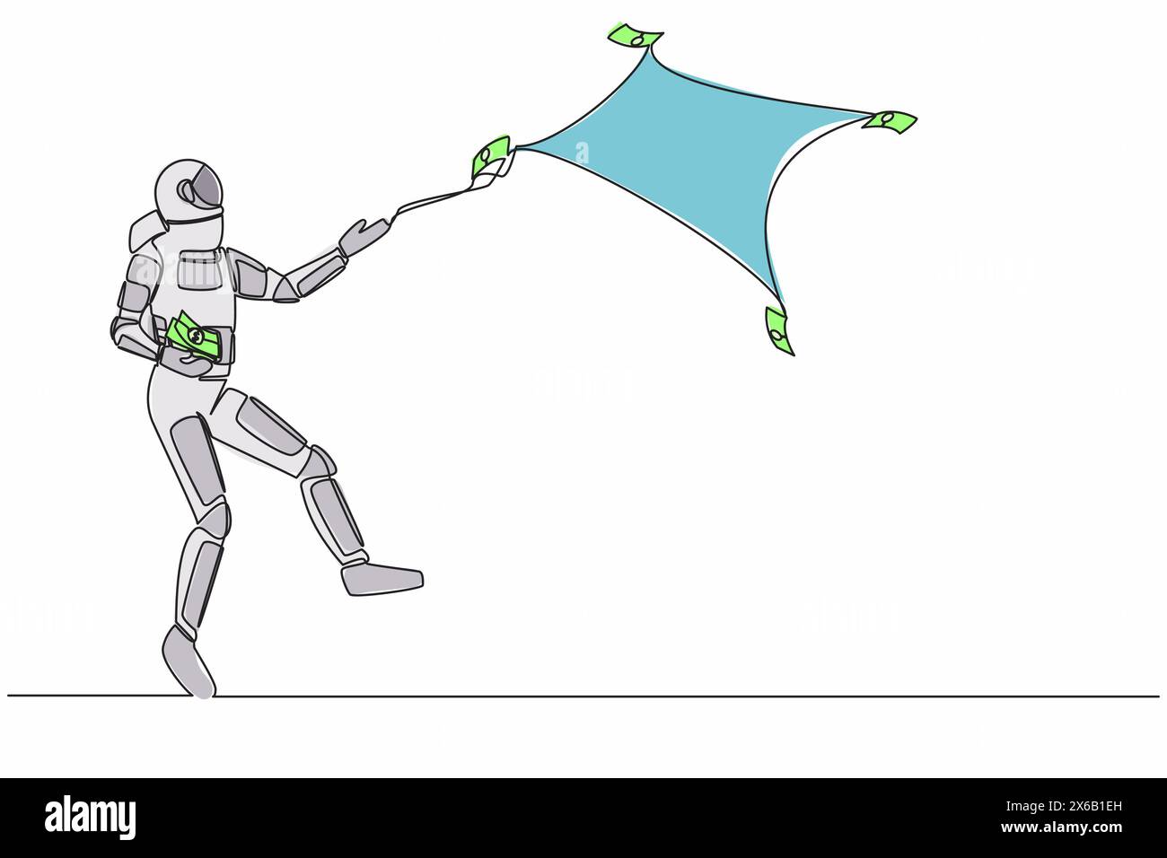 Single one line drawing astronaut throw out of money banknotes flying ...