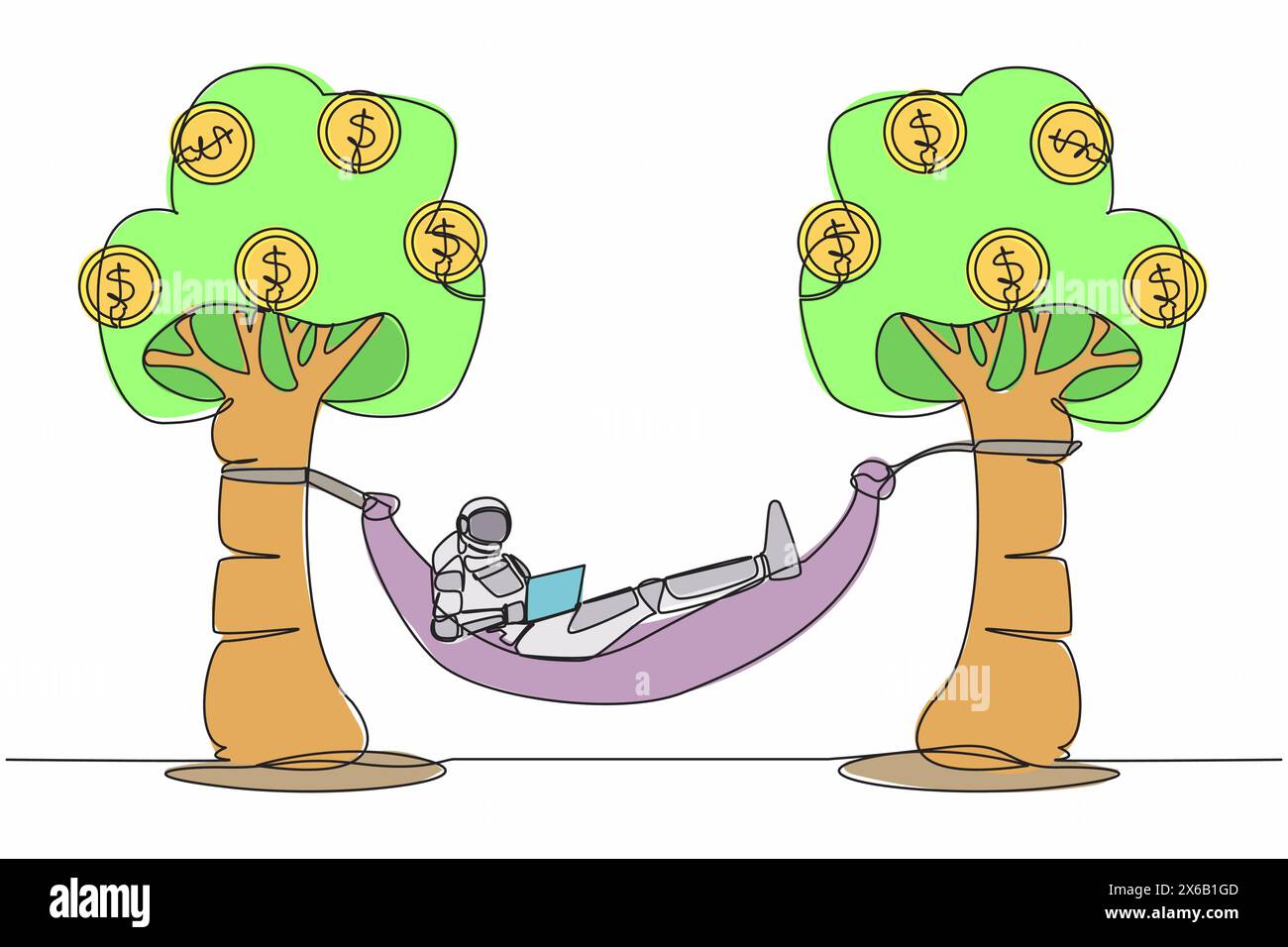 Single one line drawing of astronaut typing with laptop in hammock tied ...