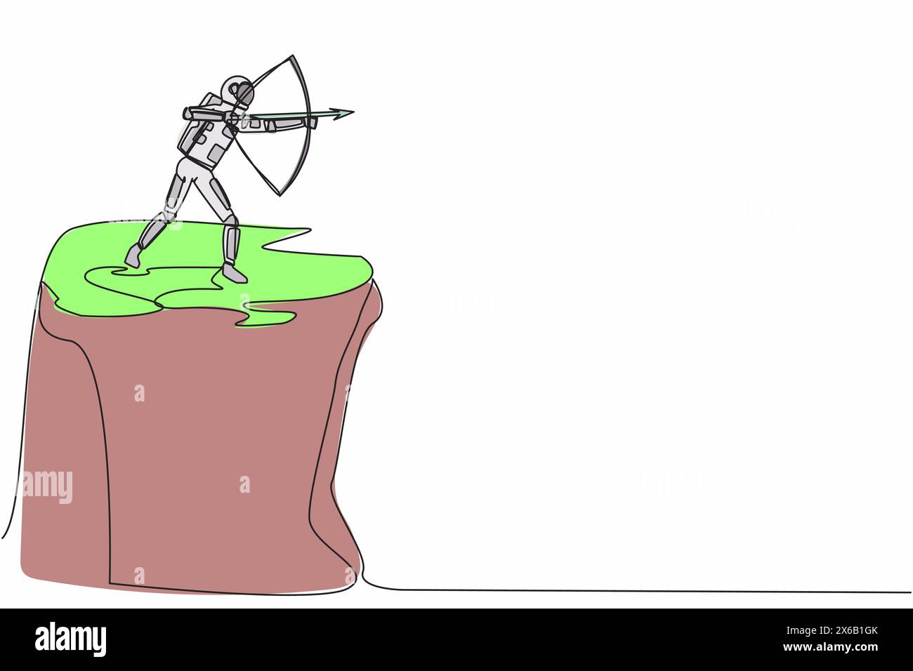 Single continuous line drawing astronaut standing on cliff with archery ...