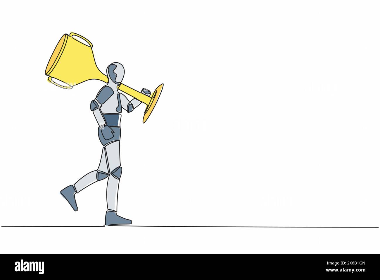 Continuous one line drawing robot carry big trophy cup for winner as ...