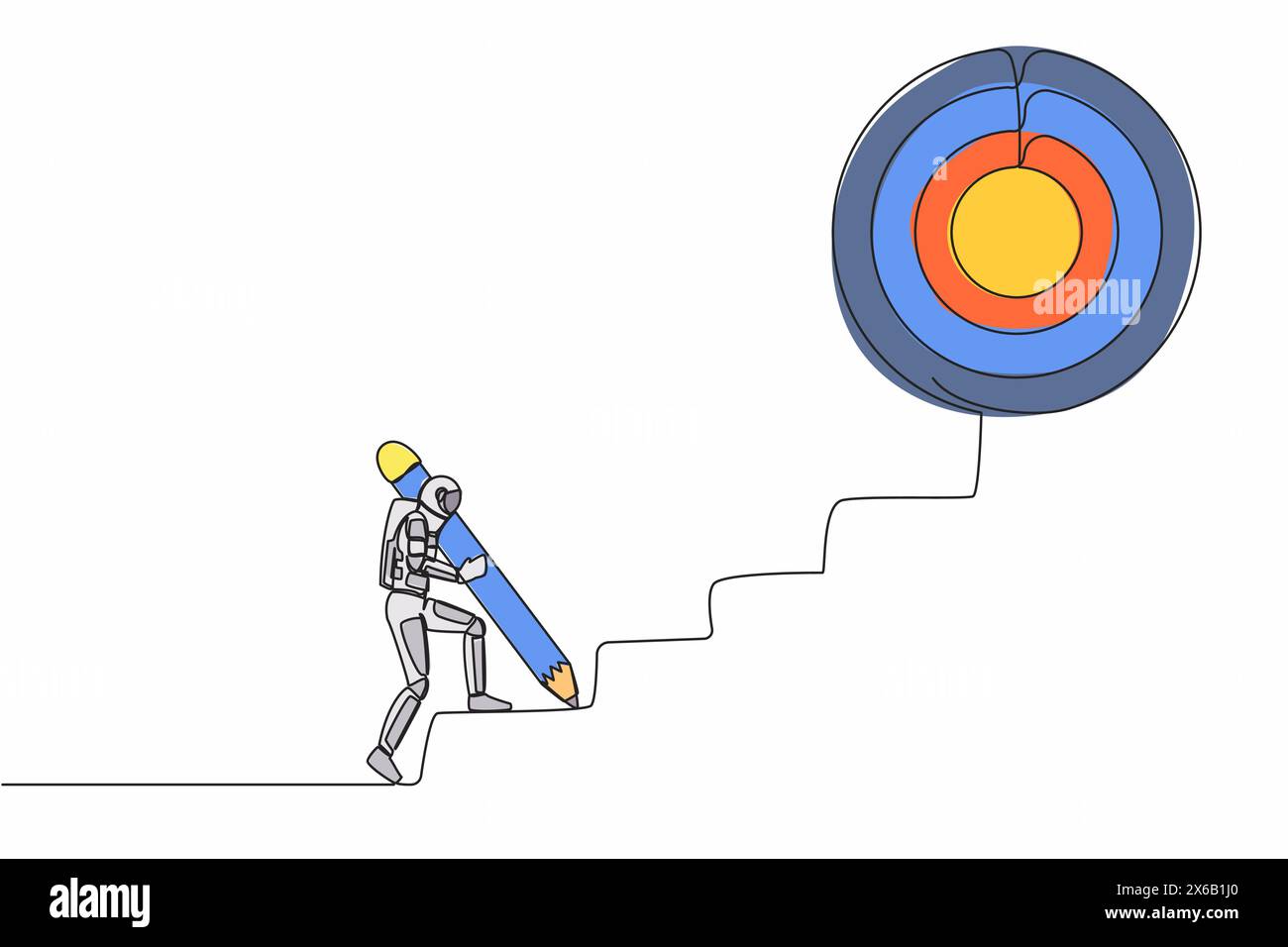 Single continuous line drawing astronaut use huge pencil to draw rising ...